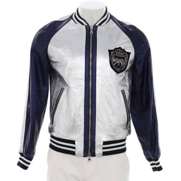 Balmain | Jackets & Coats | Balmain Mens Crest Bomber Jacket Leather Blue Metallic Silver | Poshmark